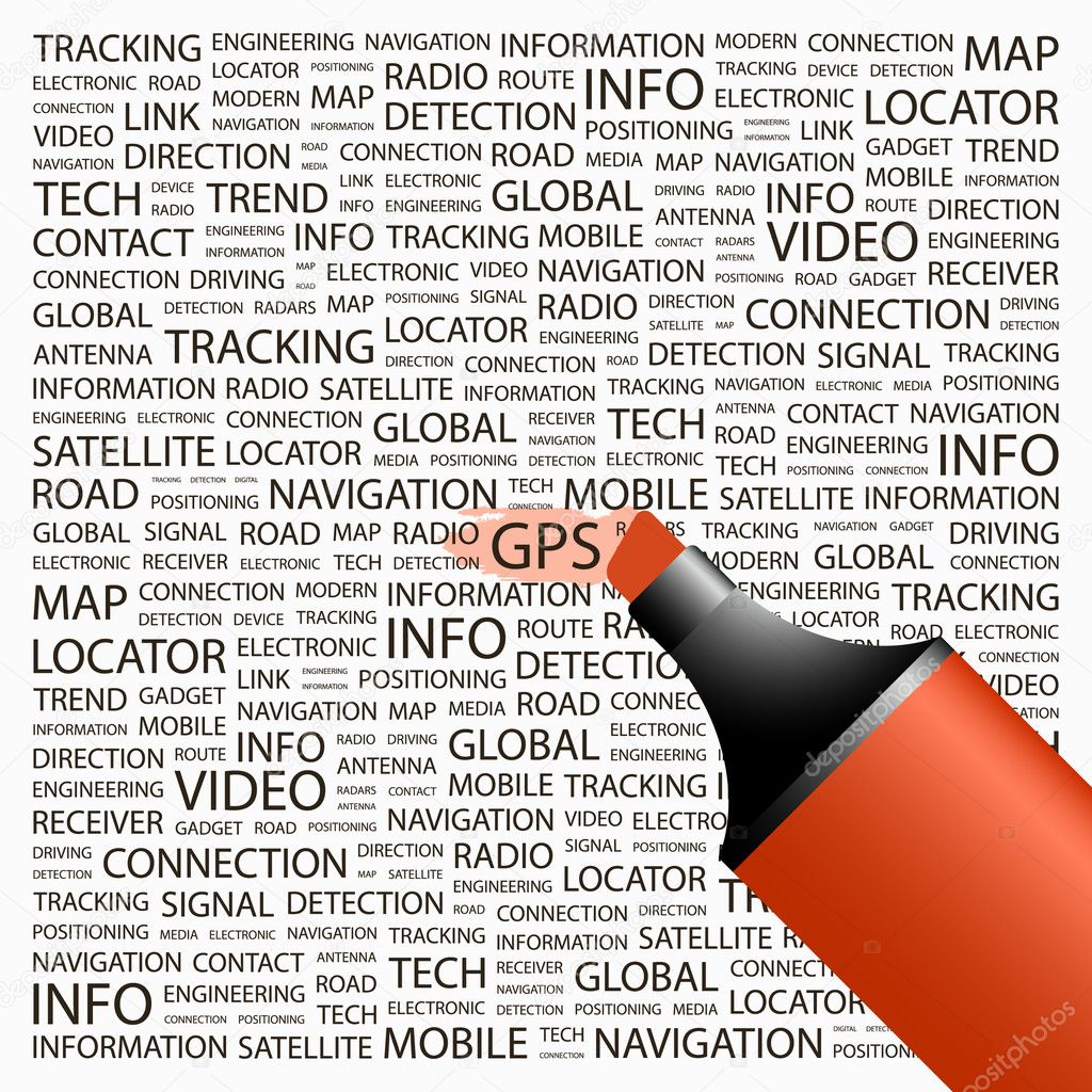 GPS. Highlighter over background with different association terms ...