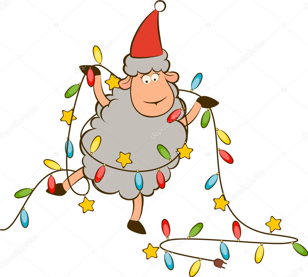 Cartoon funny sheep with garland Christmas illustration — Stock Photo ...