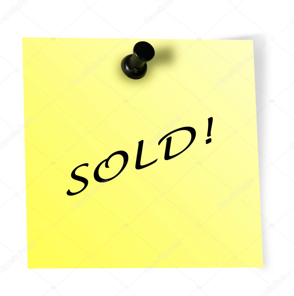 Black pin and yellow paper with word "sold" — Stock Photo © vaeenma ...