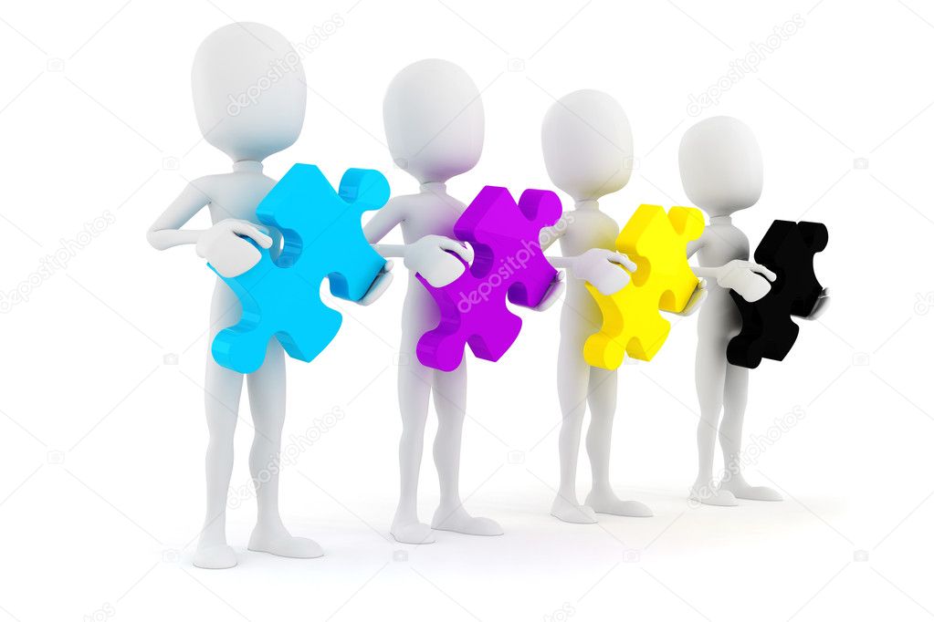 3d man holding colorful CMYK puzzle pieces, on white background — Stock ...