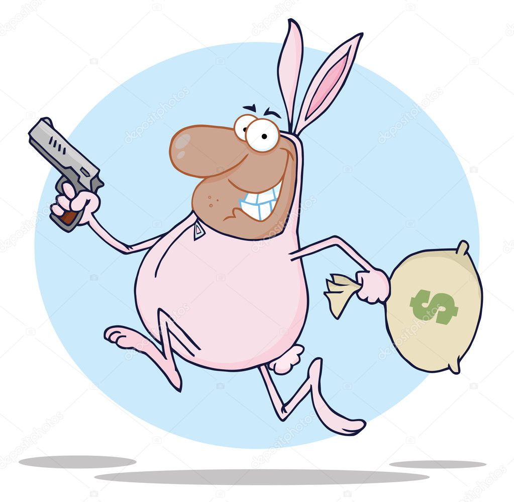 Black Robber Running In A Bunny Costume Over A Blue Circle Stock ...