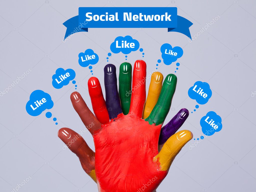 Colorful happy finger smileys with social network sign and like — Stock ...