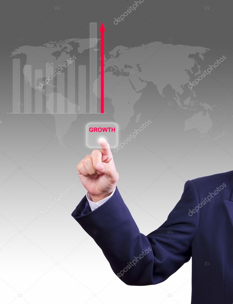 Business man hand pushing growth button for business growth grap ...