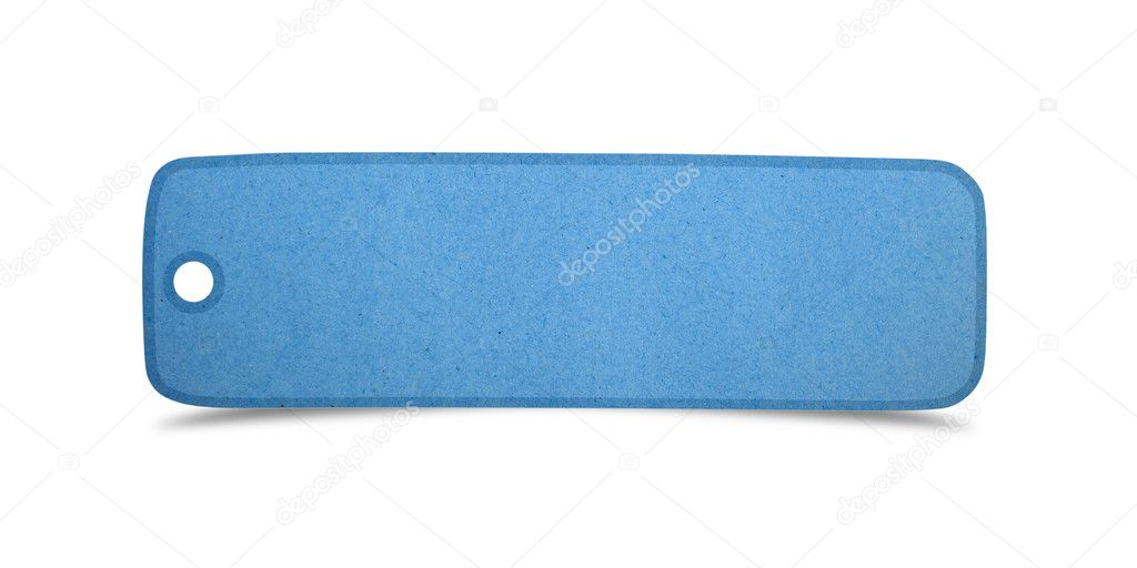 Blue talk tag recycled paper craft stick on white background Stock ...