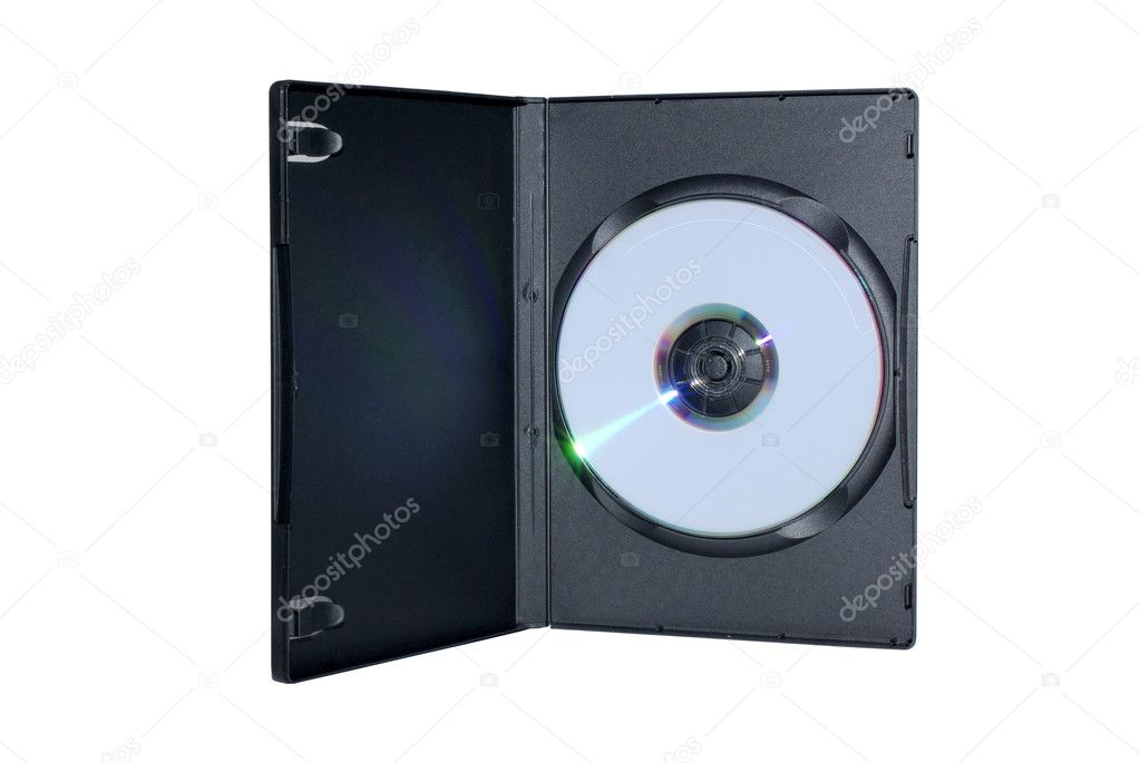 Black box with writable DVD disc inside isolated on white backgr ...