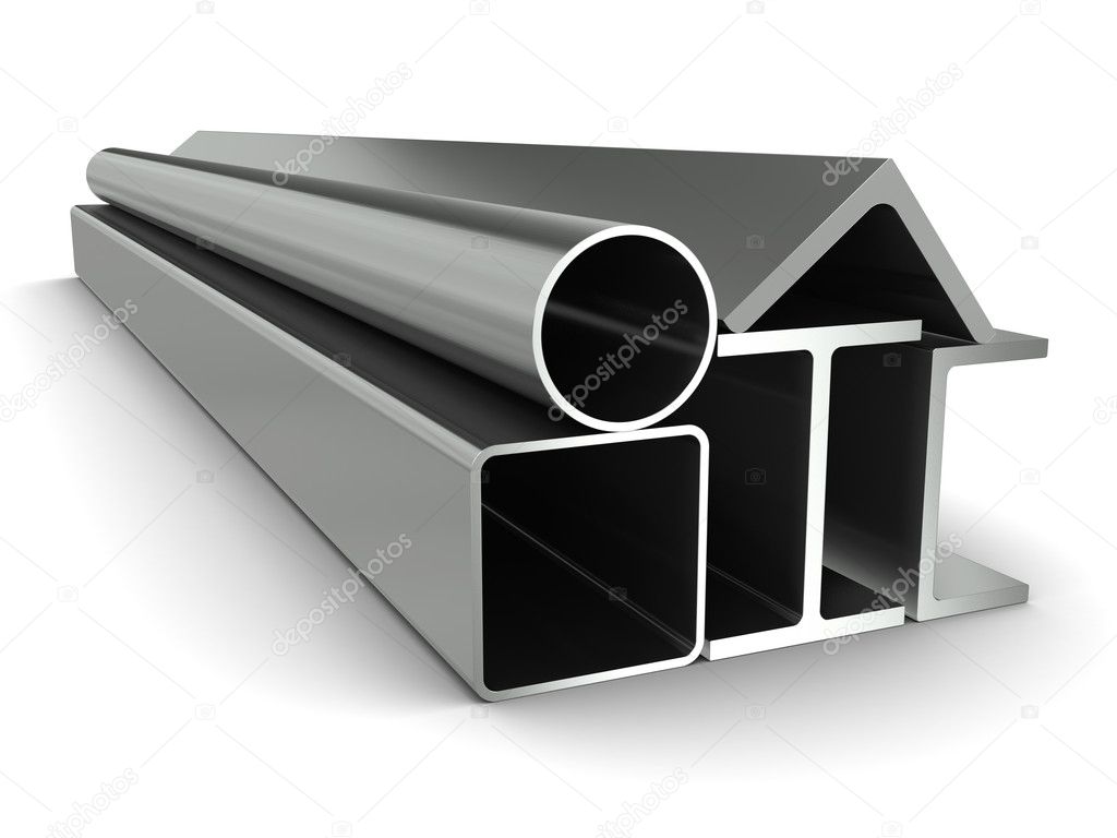 Metal pipe, girders, angles, channels and square tube on a white ... Metal pipe, girders, angles, channels and square tube on a white ...