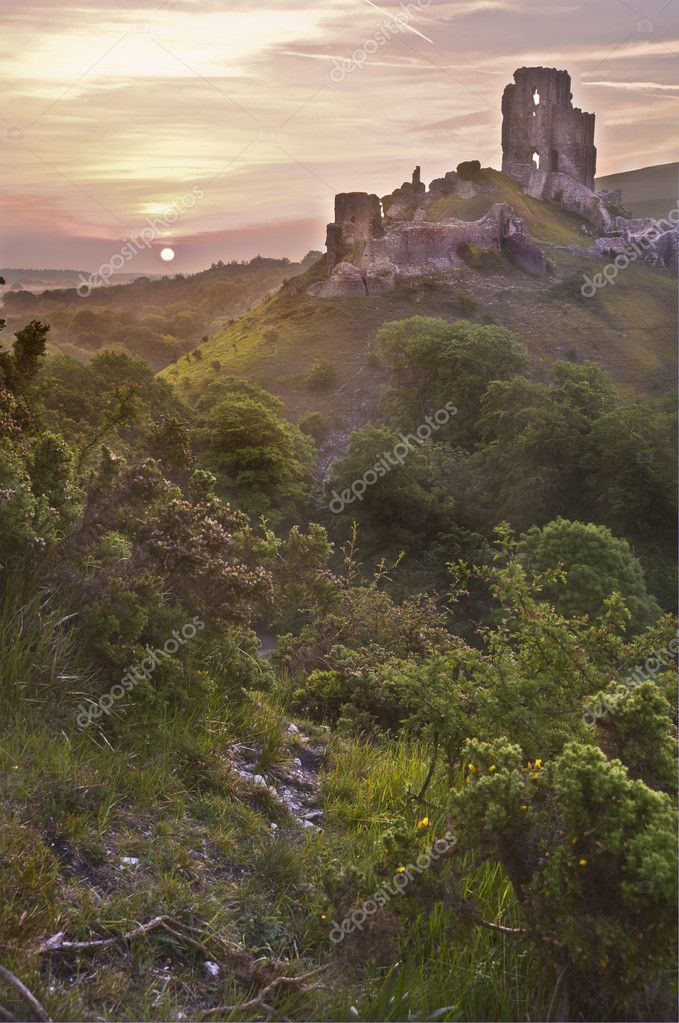 Romantic fantasy magical castle ruins against stunning vibrant s ...