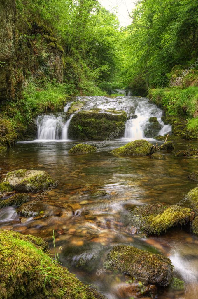 Stunning waterfall flowing over rocks through lush green forest — Stock ...
