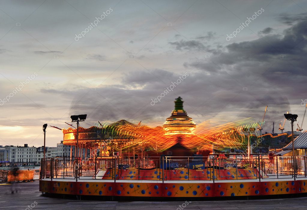 Fun fair carnival ride landscape with moving bright lights — Stock ...