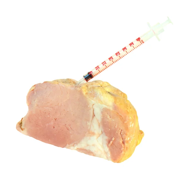 GMO food concept. Genetically modified raw chicken meat on square plate ...