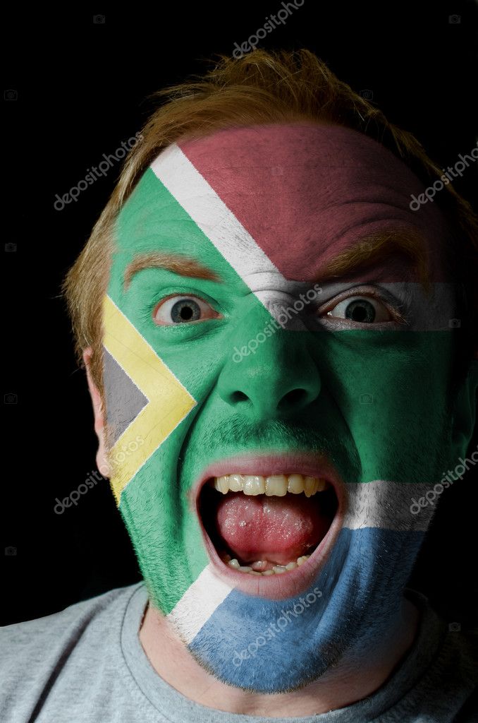 Face of crazy angry man painted in colors of south africa flag — Stock ...
