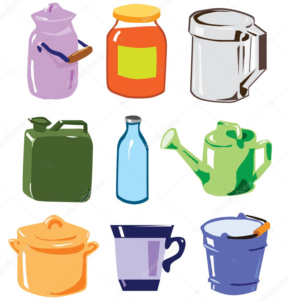 Los recipientes domésticos doodle conjunto de dibujos animados — Vector ...