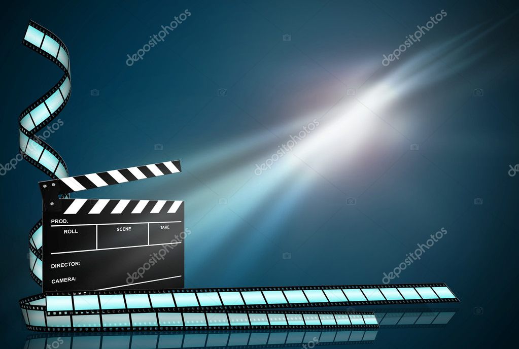 Clap board ant film strip on dark blue background — Stock Photo ...