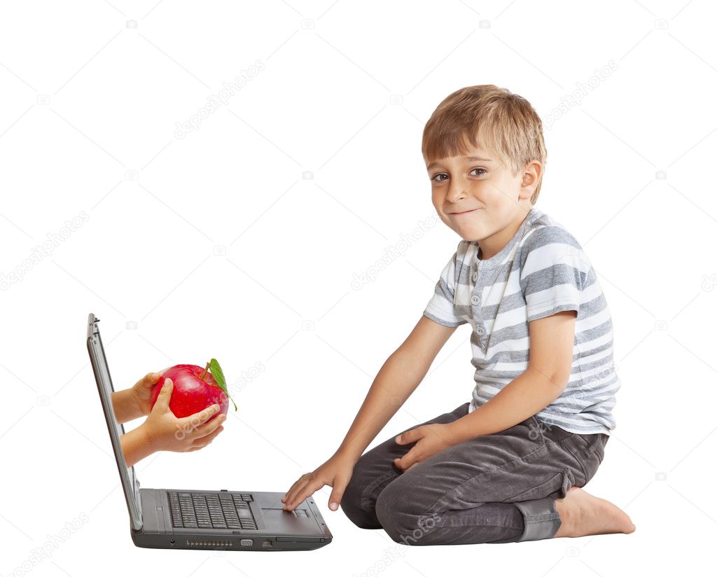 Hand with an apple and through the computer screen — Stock Photo © g215 ...